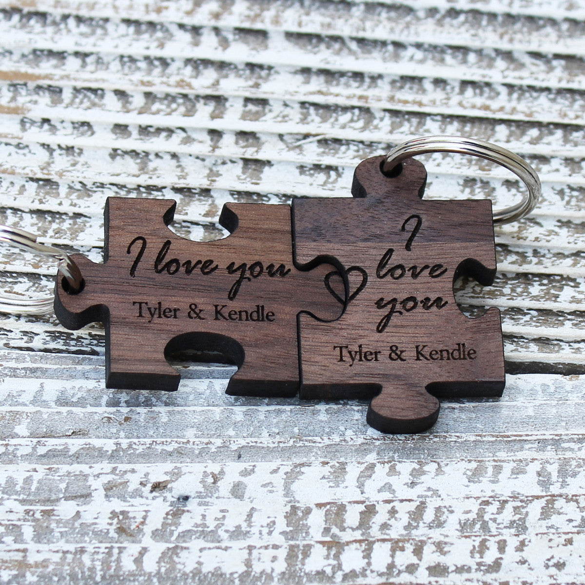 Personalized Puzzle Piece Keychain Set - Walnut | Stamp Out
