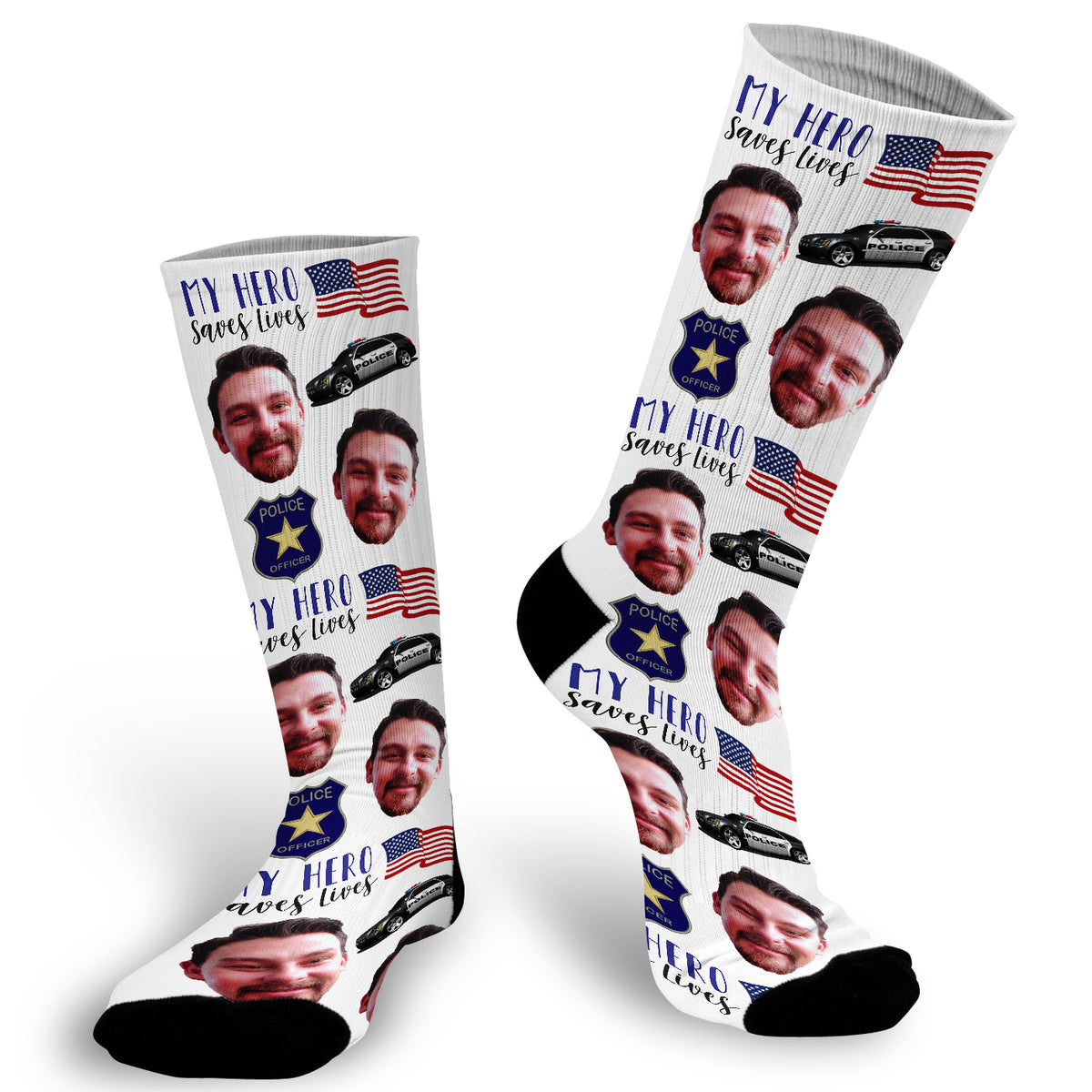 "My Hero Saves Lives" Funny Police Socks with Photo – Stamp Out